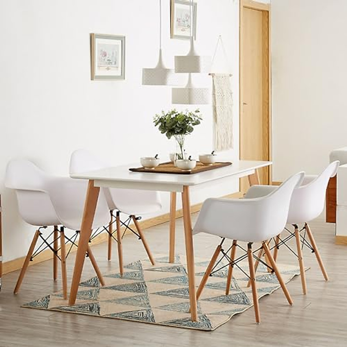 NAFORT Dining Table Chairs Set of 2, White Plastic Shell Chair with Wooden Legs, Backrest & Armrest, Mid Century Modern Style Dinning Chairs for Kitchen, Dining Room & Waiting Room, 2PCs