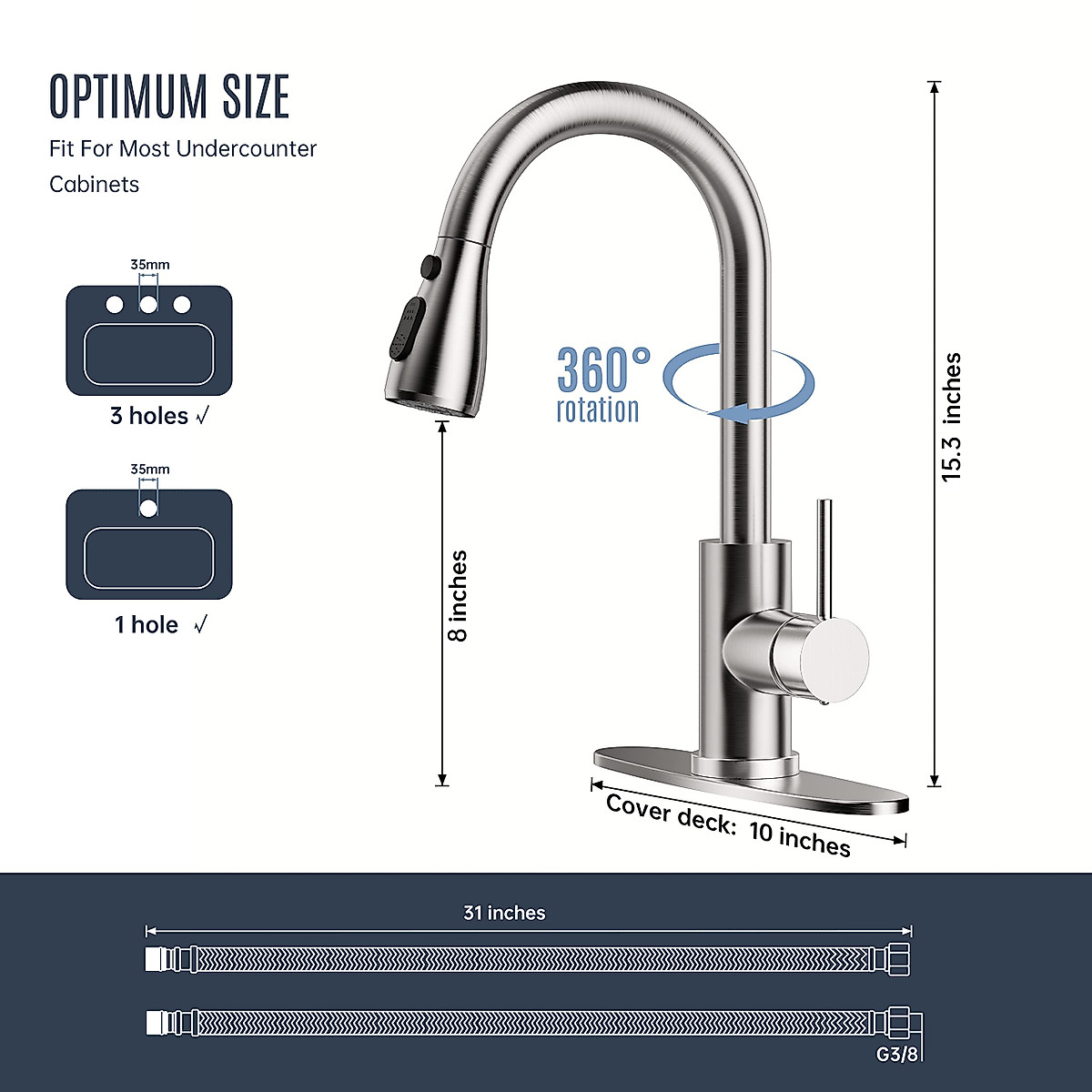 Kitchen Faucet with Pull-Down Spray Single Handle high arc Commercial Stainless Steel Brushed Nickel Kitchen Sink Faucet with Deck Suitable for bar Laundry RV Farmhouse (Brushed Nickel)