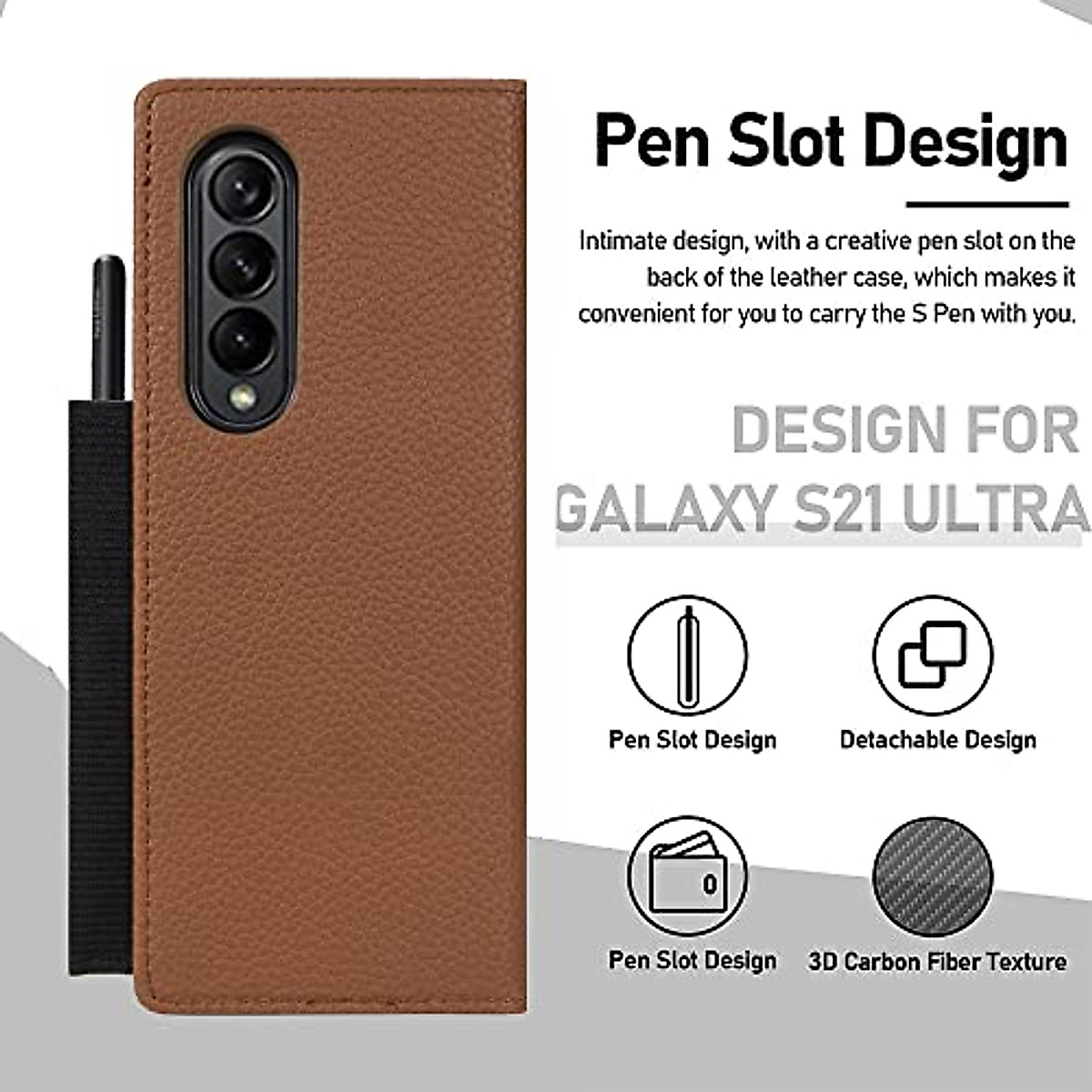 Vitodo for Galaxy Z Fold 3 Case with S Pen Holder, Magnetic Detachable Genuine Leather Wallet Phone Case 2 Card Solt with 2 Stylus Storage Protection Flip Case for Samsung Galaxy Z Fold 3 5g (Brown)