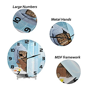 Wall Clocks for Living Room Decor 10 Inch Silent Non-Ticking Wall Clocks Battery Operated Round Hanging Clock Real Wood for Home/Office/Kitchen/Classroom/School Cat Pattern