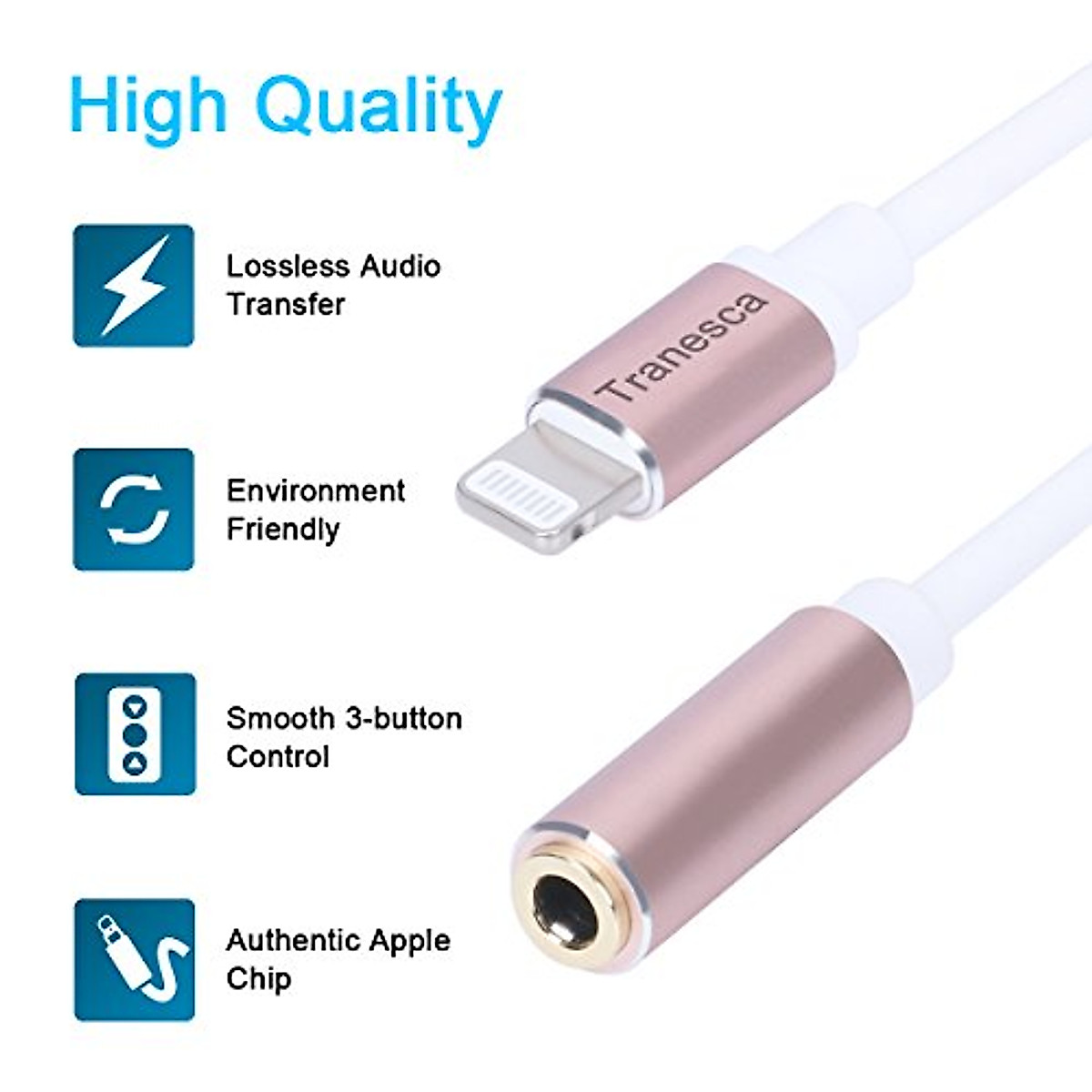 Tranesca Apple MFI Certified Lightning to 3.5 mm Headphone Jack Adapter Compatible with iPhone 11/X/XR/iPhone 8/8 Plus/iPhone 7/7 Plus and More -Music Control & Calling Function Supported (Rose Gold)