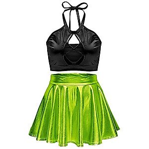 SFBBCLOZ Metallic Top Metallic Skirt Set 2 Piece Outfits for Women Holographic Outfit Women Club Outfits for Women Rave Outfits for Women Latex Skirt Clubwear Beachwear (Green, L)