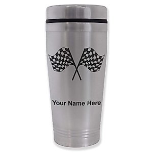 LaserGram 16oz Commuter Mug, Racing Flags, Personalized Engraving Included