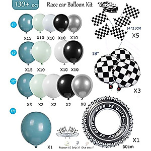 Race Car Balloon Garland Kit 130Pcs Two Fast Birthday Decorations Blue and Green White & Checkered Flag Balloons, Race Cars Party Supplies