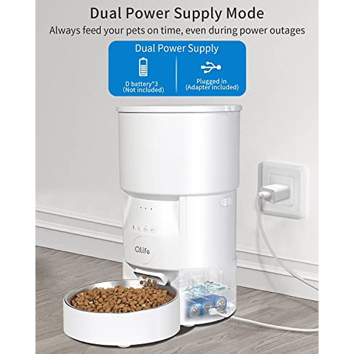 QLIFE Automatic Cat Dog Feeder: Dry Food Dispenser for Dog, Auto Pet Feeder, Portion Control Automatic Dog Feeder (White WiFi, 3L)