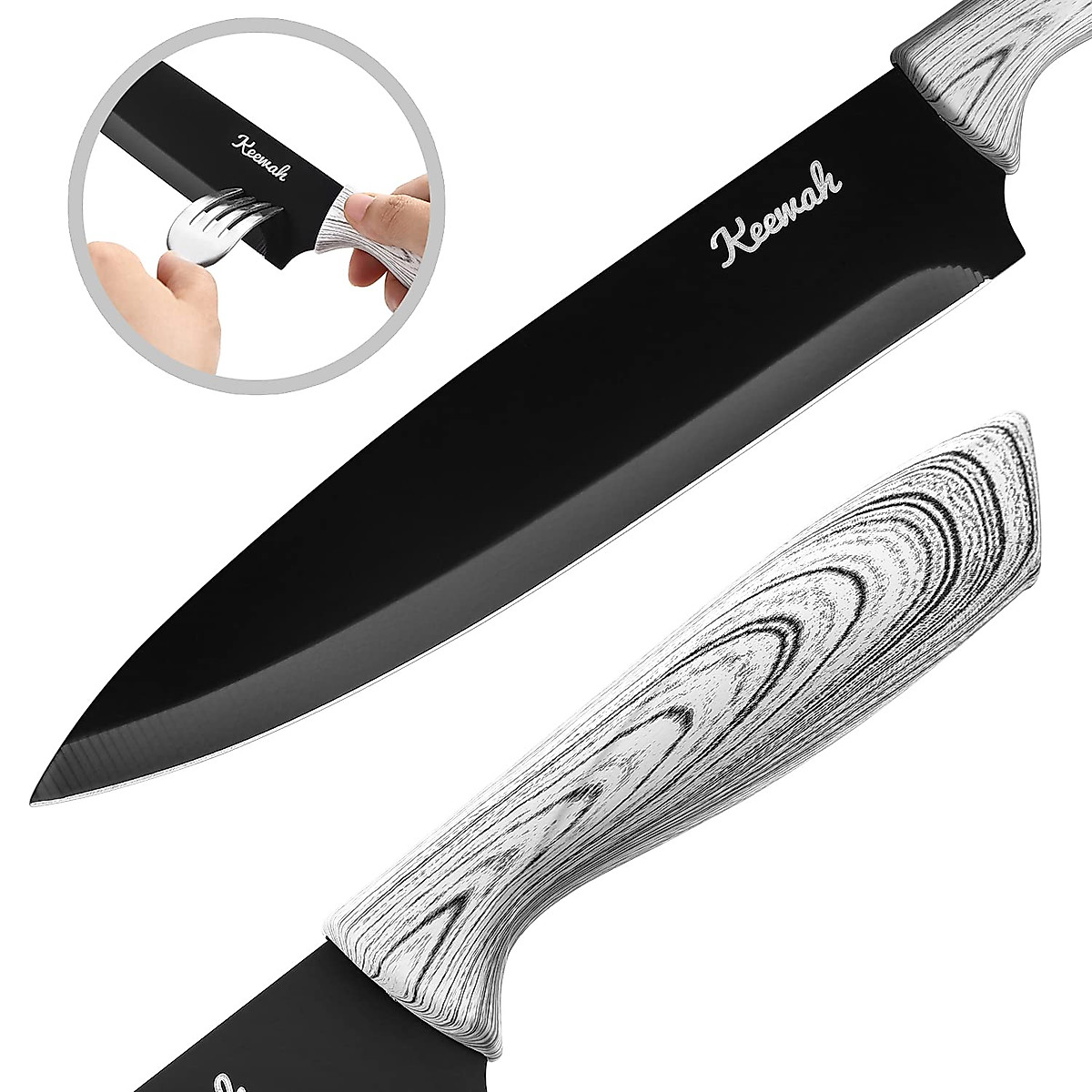 Keewah 19 Pieces Kitchen Knife Set, 15 Stainless Steel Knives with Wood Texture Handle, Acrylic Stand, Scissors, Peeler and Knife Sharpener