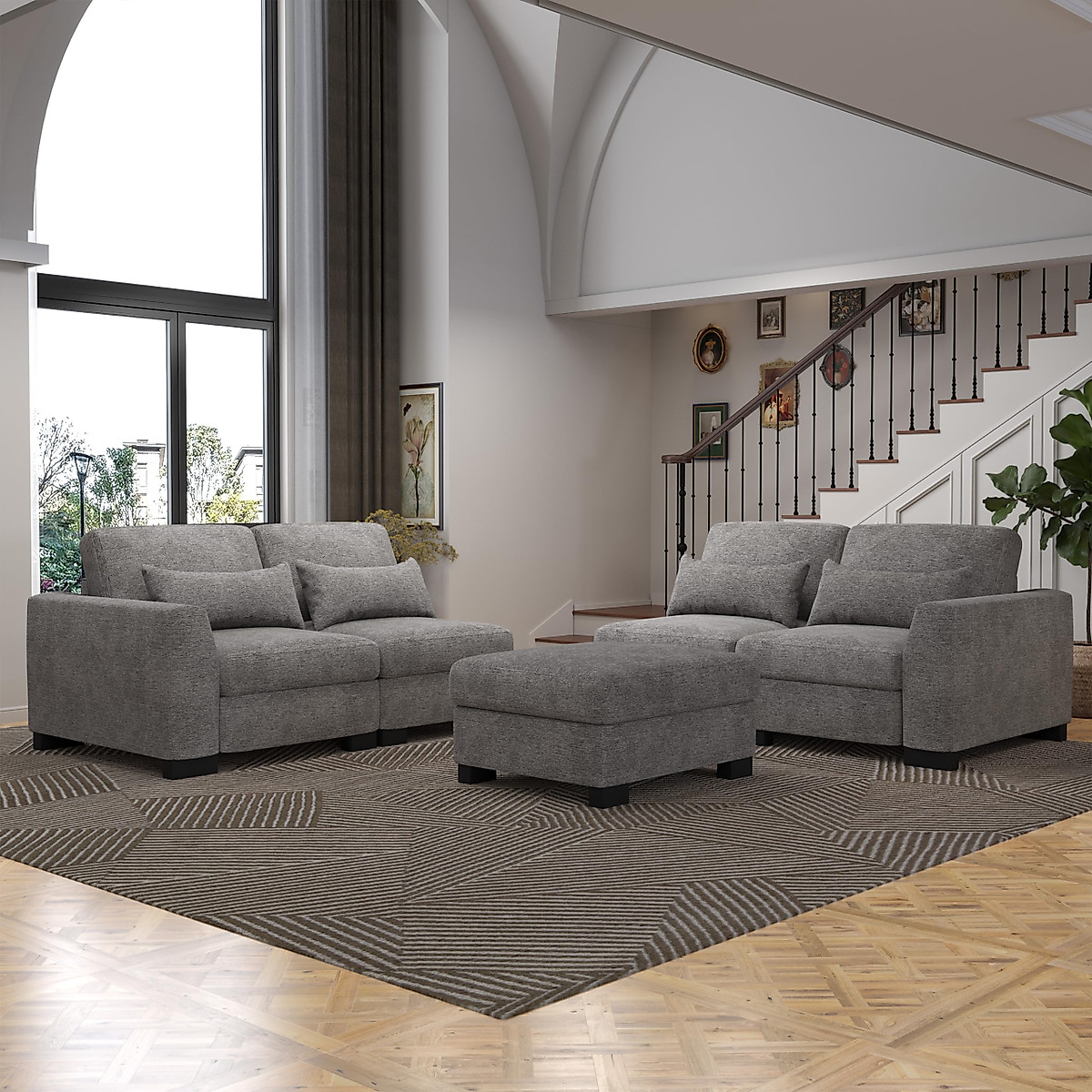 Lonkwa Modern Grey 130'' L-Shape Linen Sofa, 4 Seat Sectional Couch with 4 Pillow, Storage Ottomans, Convertible Sofa Bed for Living Room