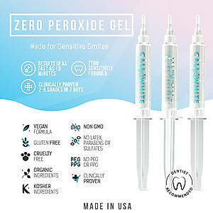 Cali White Natural Teeth Whitening Gel Refills, Zero Peroxide, Botanical Formula, Vegan, Organic Whitener for Sensitive Smile, Gels Made in USA, 3X 5mL Syringes, Use with UV or LED Light & Trays