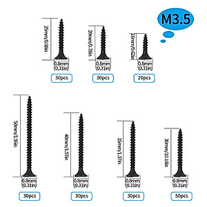YOUYIDUN - 220 Pieces Black Wood Screws Assortment Kit, Phillips Drive Truss Head Flat Head Self-Tapping Screws, Carbon Steel Screws for Wood, M3.5 x (16/20/25/30/35/40/50) mm