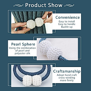 4PCS Magnetic Curtain Tiebacks Buckle Type Pearl Curtain Tie, Curtain Tie Rope Tie Without Drilling Free Installation（2*White and 2*Blue）