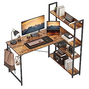 CubiCubi Computer Corner Desk with Storage Shelves, 47 Inch Reversible L Shaped Desk with Bookshelf, Home Office Writing Desk with Hooks, Small L Study Table, Rustic Brown