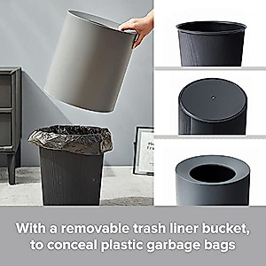 Modern Round Waste Basket - 3.2Gal/12.1L Open Top Trash Bin - Black Garbage Can with Removable Plastic Bin Liner - Touchless Bathroom Garbage Can or Trash Can for Kitchen - Minimalist Office Trash Can