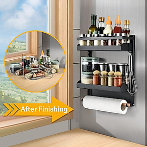 aceyoon Magnetic Spice Rack for Refrigerator, 2-Tier Magnet Kitchen Organizer, 2-in-1 Fridge Magnet Kitchen Wall Organizer with Paper Towel Holder for Store Spices, Jar of Olive Oil (Black)