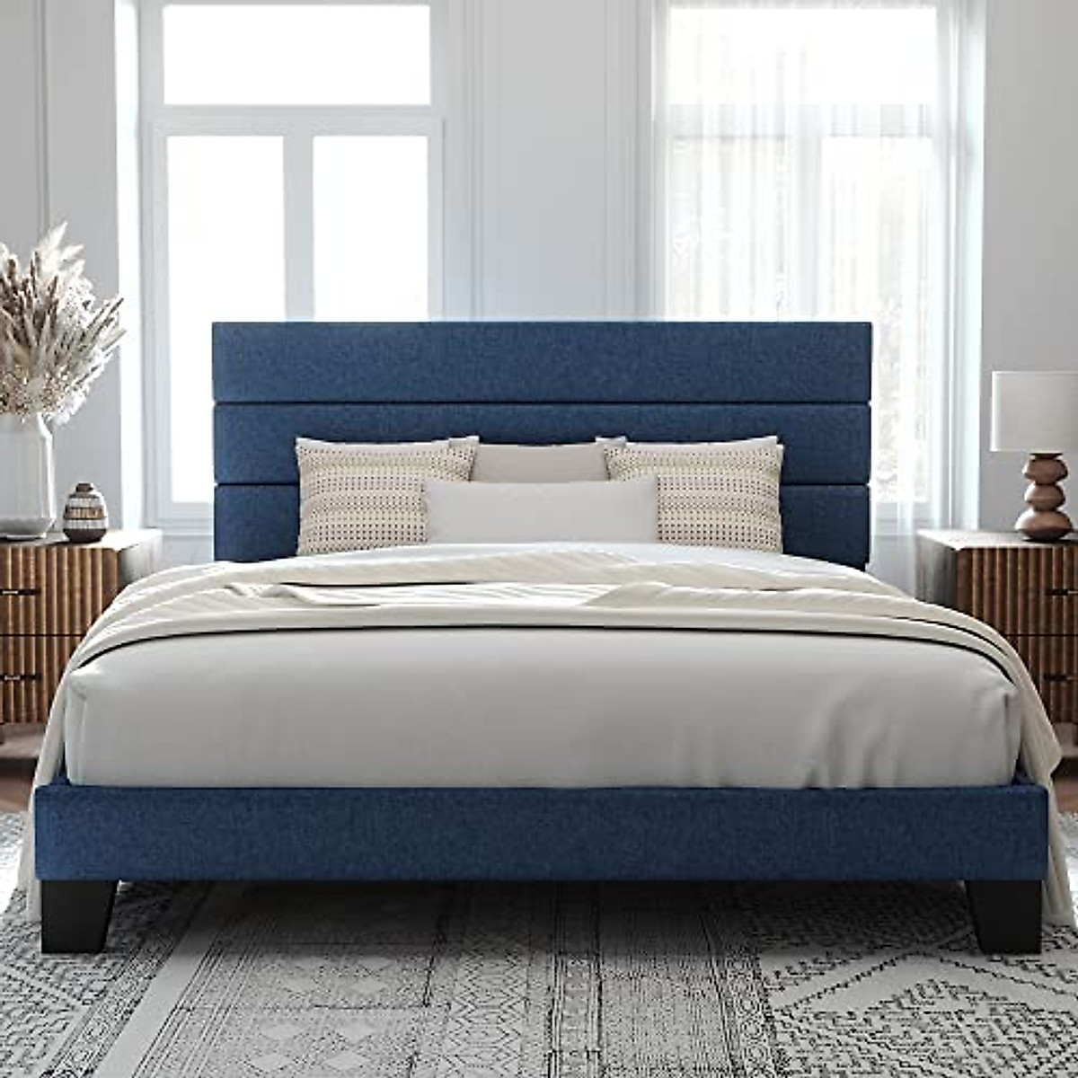 Allewie King Size Platform Bed Frame with Fabric Upholstered Headboard and Wooden Slats Support, Fully Upholstered Mattress Foundation/No Box Spring Needed/Easy Assembly, Navy Blue