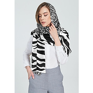 GERINLY Animal Print Shawl Wraps Zebra & Leopard Pattern Silky Scarf for Women Fashion Print Accessory (Black)