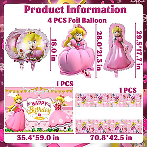 Princess Peach Birthday Party Supplies, Princess Peach Theme Party Decorations, Princess Peach Theme Party Favors Include Garland Arch Kit, Foil Balloon, Backdrop, Tablecloth