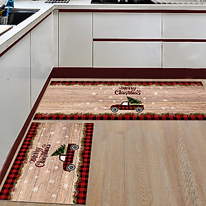 Arts Print Kitchen Rug Mat Set of 2,Christmas Black and Red Buffalo Plaid Truck with Tree Runner Rug,Non-Slip Durable Floor for Sink, 20211021-LZP-MATSETSLXM10360MDDAVHN, 15.7X23.6in+15.7X47.2in