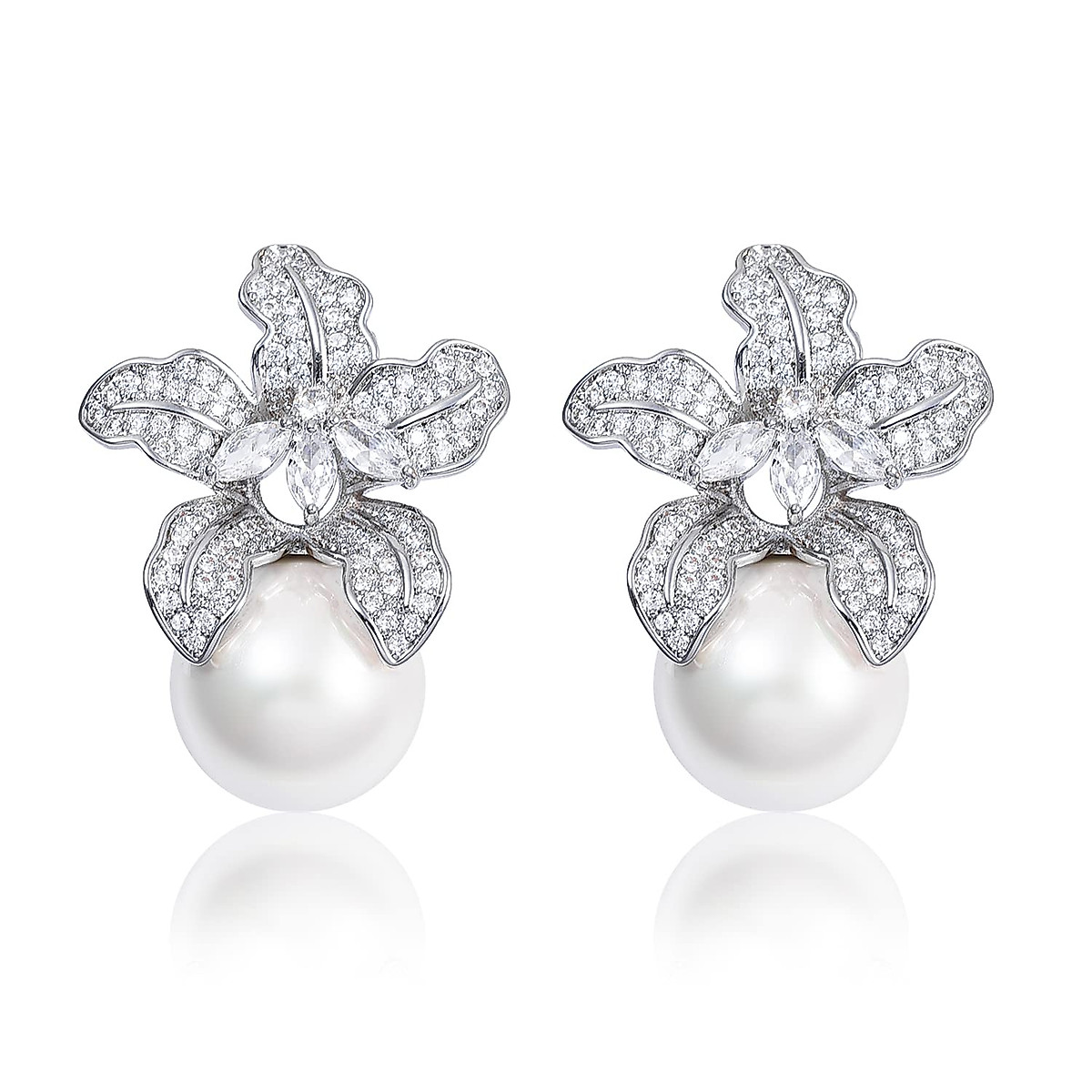 Blooming Flower Drop Cubic Zirconia Big Round Pearl Stud Earrings for Wedding Ceremony Chic Accessories (Silver)