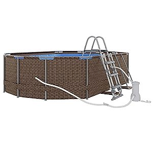 Outsunny 14' x 10' x 3' Above Ground Swimming Pool, Non-Inflatable Rectangular Steel Frame Pool with Filter Pump, Safety Ladder for 1-6 People, Brown