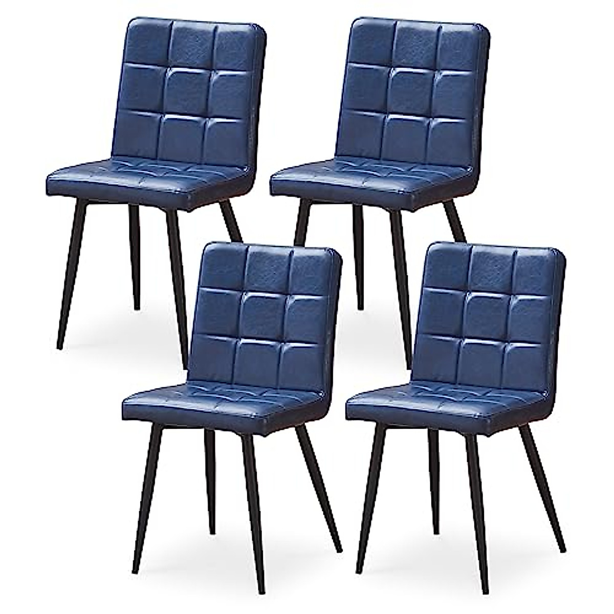 CLIPOP Kitchen Faux Leather Dining Chairs Set of 4, Mid-Century Modern Dining Chair with with Square Grid Design Backrest Heavy Duty Metal Legs, Armless Kitchen Accent Chair for Living Room, Blue