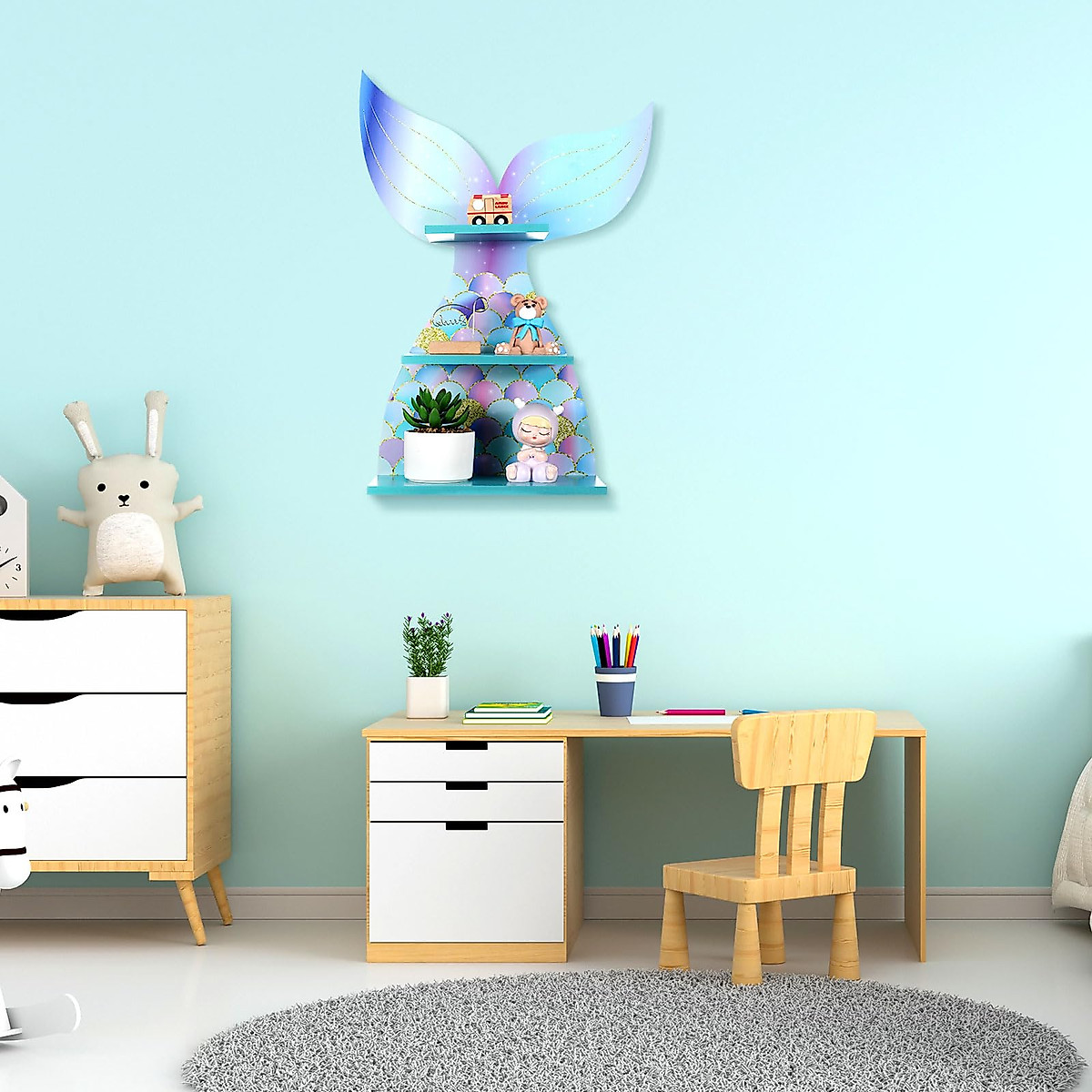 Bencailor Wall Decor Shelf Bedroom Hanging Shelf Wall Mounted Shelf Wooden Floating Shelves Bathroom Decor for Girls Bedroom Nursery Gift (Delicate Mermaid)