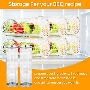 [2 PCS]BBQ Grill Basket - Rolling Grilling Baskets for Outdoor Grilling,Grill Baskets for Outdoor Grill Vegetables,Round Grill Basket,Barbecue Grill Vegetable Basket for Veggies,Fish,Jalapeno,Cylinder