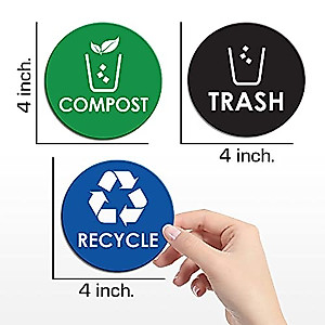 Recycle and Trash Can Compost Sticker - 4"x4" Adhesive Round Labels - 6 Pack Bundle Set - Indoor Home Kitchen & Office Disposal Bins (Pixelverse Design)