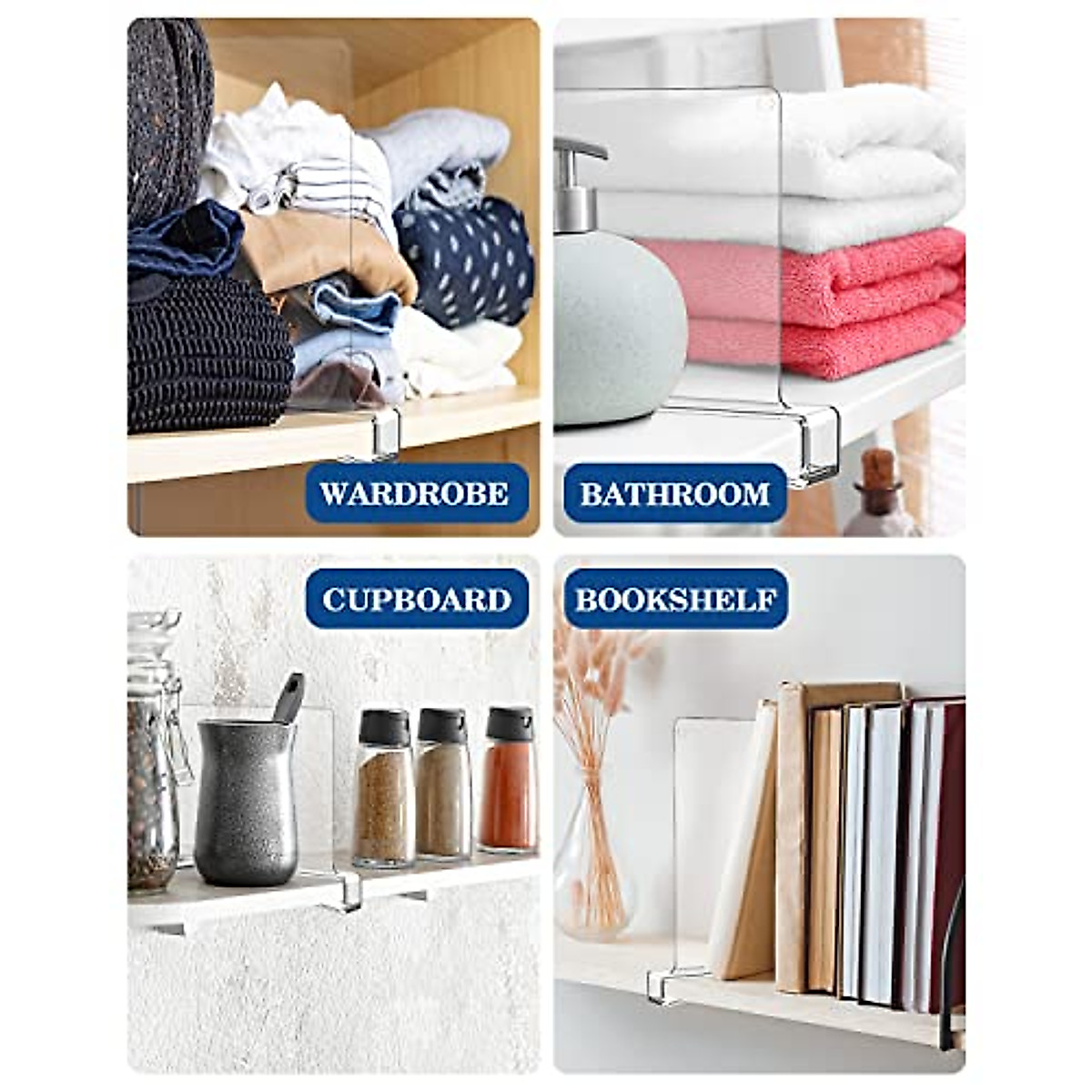 MOVNO Shelf Dividers for Closet Organization 6 Pack, Acrylic Shelf Dividers Separator, Clear Closet Dividers, Adjustable Plastic Shelve Divider for Bedroom, Kitchen, Office, Cabinets, Bathroom