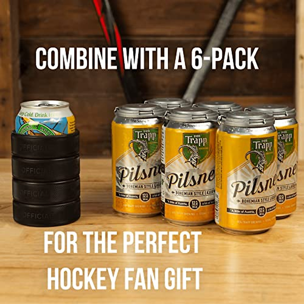 Beer Can Cooler made from 4 Real Ice Hockey Pucks, 12oz Beer Cooler for Hockey Gifts, Black Can Coolers for Hockey Dad Gifts, Insulated Beer Can Holder (1)