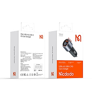 Mcdodo 75W Car Charger Adapter Fast Charging Cigarette Lighter USB C/USB A PD3.0 QC4.0 Cell Phone Automobile Chargers Compatible with iPhone 15/14/iPad/Samsung Galaxy S23/21/10/Car Vacuum Cleaner