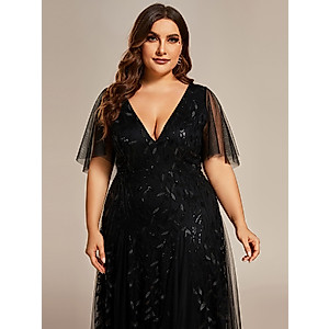 Ever-Pretty Womens Plus Size Sequin Emboridery Formal Evening Dresses with Sleeves Black US18