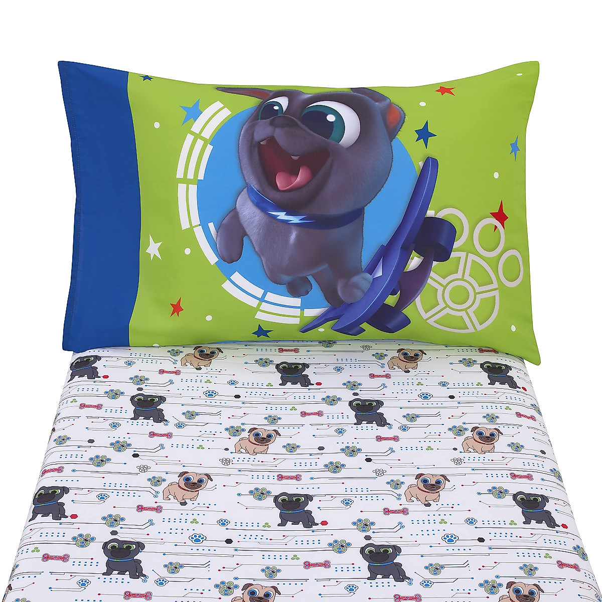 Disney Puppy Dog Pals Puppy Pals Fun White, Blue, & Green 2Piece Toddler Sheet Set - Fitted Bottom Sheet & Reversible Pillowcase, Blue, Green, Grey, White