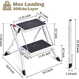 TOOLF Step Ladder, Double Side Folding Step Stool, 2 Step Portable Ladder with handdle, Large Platform,Slim Household Stepladder with Milti-fuction White