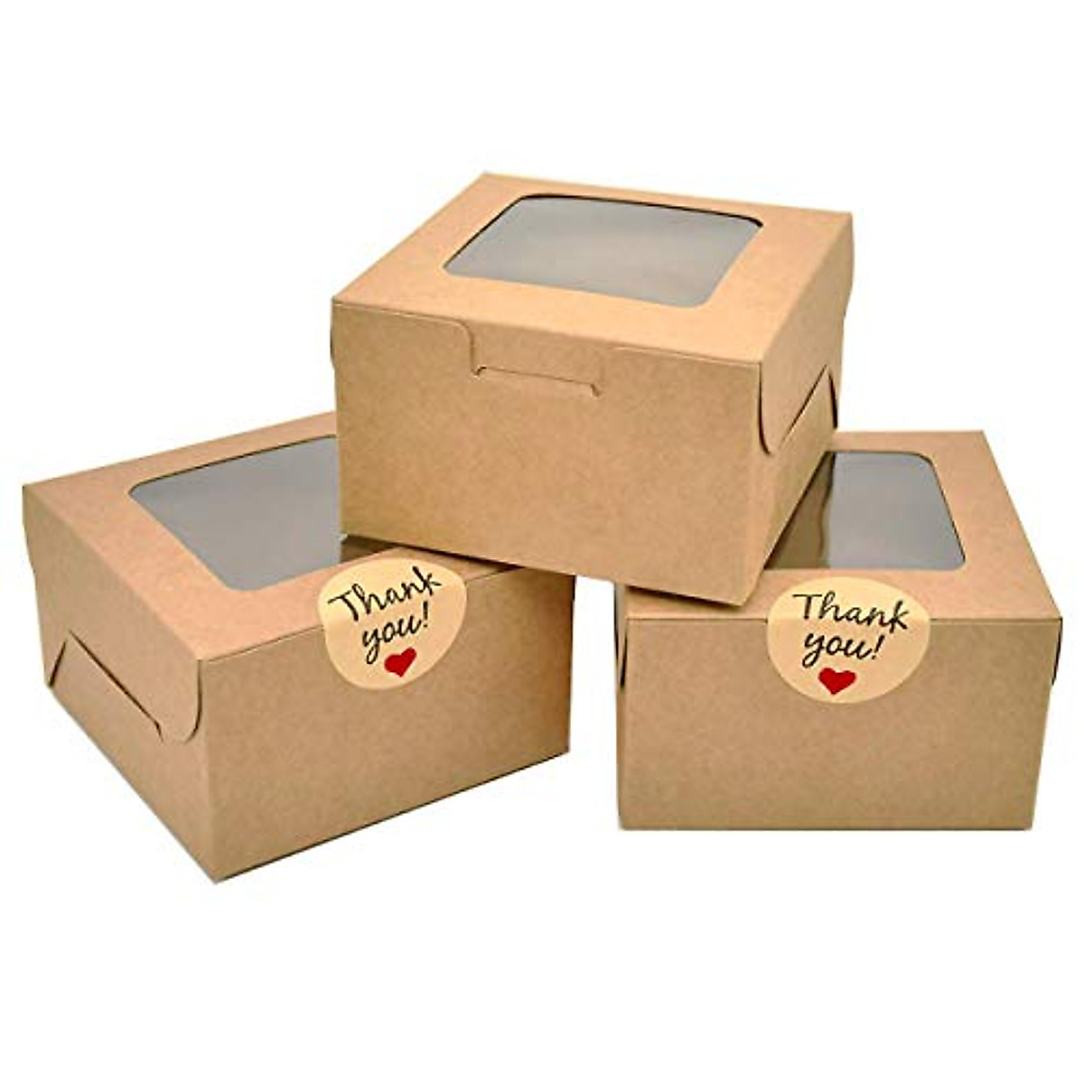 50 Pack Brown Bakery Boxes, 4x4x2.5 Inches Small Pastry Treat Boxes with Window Gift Packaging Boxes for Cookies, Pastries, Mini Cakes, Donut, Pie Slice, Stickers Included