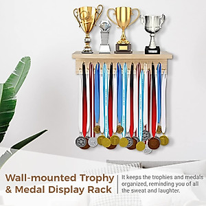 Medal Wall Hanger, Wall-mounted Medal Display Rack, Trophy Shelf and Medal Holder, Wooden Shelf with 25 Steel Hooks for Medals for Athletes, Players in Basketball, Football, Soccer (Wood color)