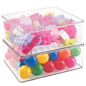 mDesign Plastic Stackable Rectangular Storage Bin, Drawer or Cabinet Organizer with Lid, Container Box for Organizing Electronics, Crayons, Puzzles, Games, Toys - Ligne Collection - 2 Pack - Clear