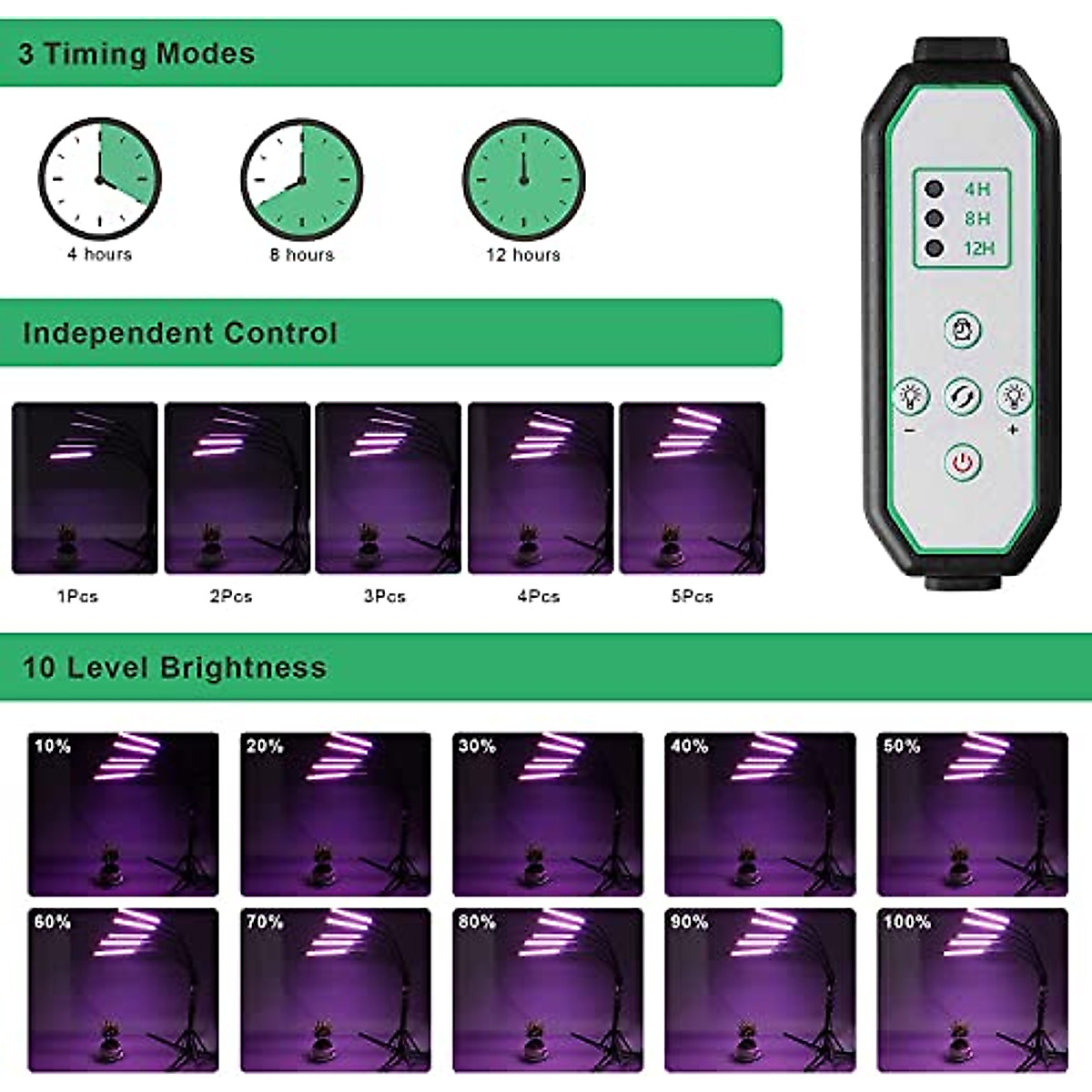 Aogled Grow Light with Stand,50W 5 Head LED Full Spectrum Indoor Plant Lamp with Remote Control,Adjustable Gooseneck,4/8/12H Timer and 10 Dimmable Brightness for Seed Starting Succulents Vegetables