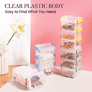 ISKYBOB 6 Packs Small Storage Bins with Lids, Mini Stackable Plastic Storage Containers Colorful Bead Organizer Latch Box Small Containers for Organizing Craft, Small Items, Green+Pink