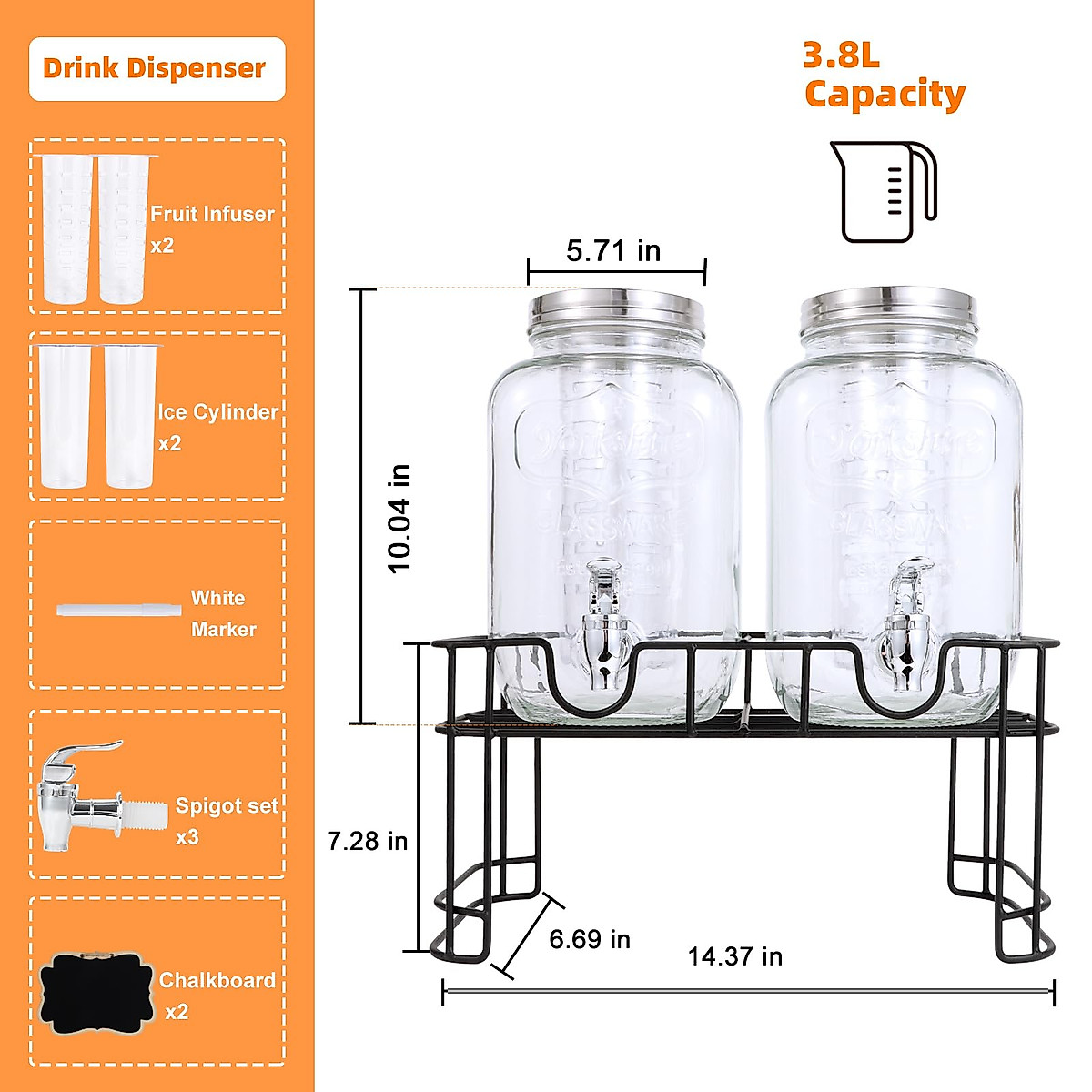 1 Gallon Glass Drink Dispensers For Parties-Set of 2,Drink Dispenser with Ice Core,Fruit Infuser & Stand,Juice or Beverage Dispenser for BBQ, Picnic, Party,Laundry Detergent Dispenser