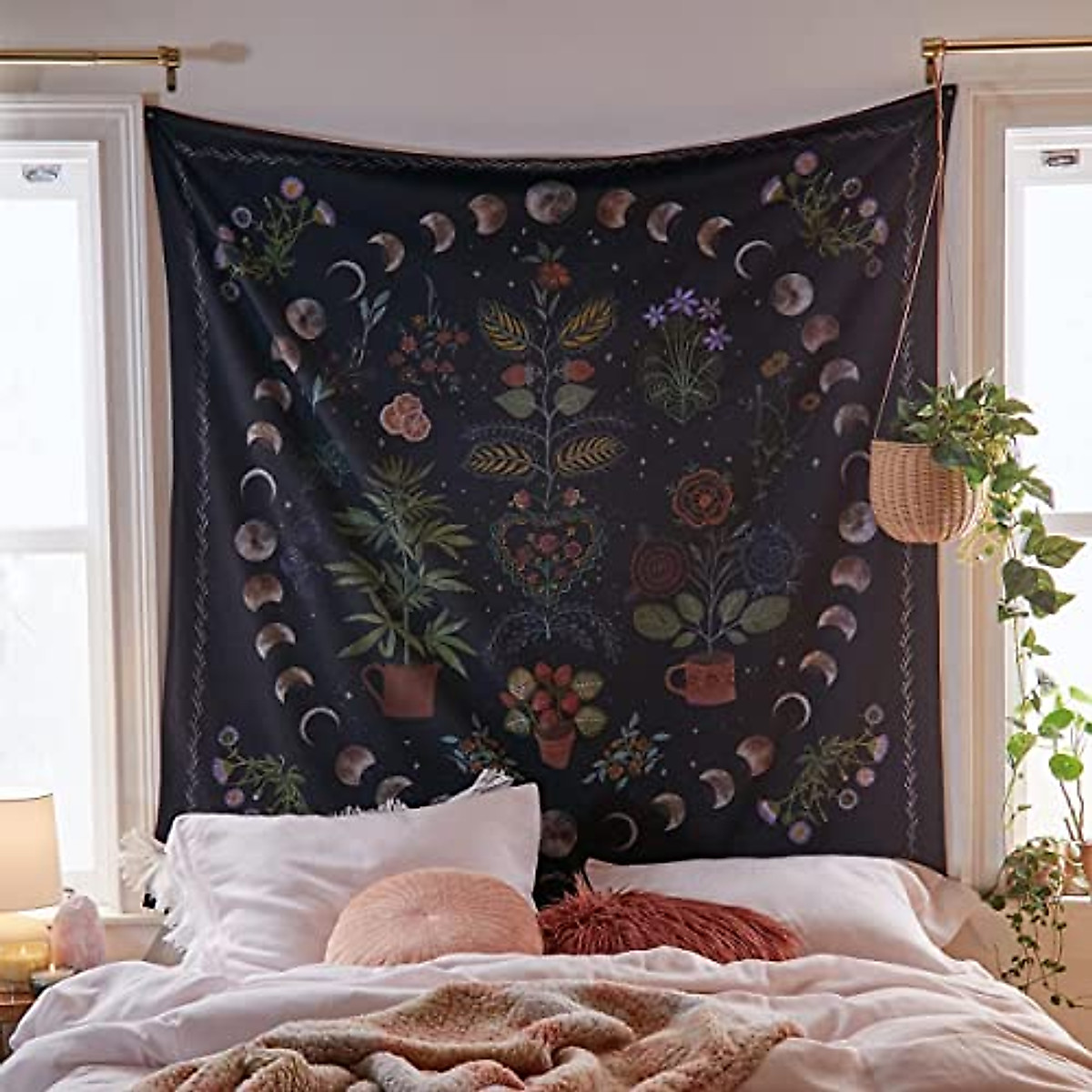 Senledas Botanical Moon Phase Tapestry, Moonlit Garden Wall Hanging Nature Floral Plant Tapestries Mysterious Tapestry Gift Art Home Bedroom Decor Living Room Wall Art Tapestry (51.2ʺ x 59.1ʺ)