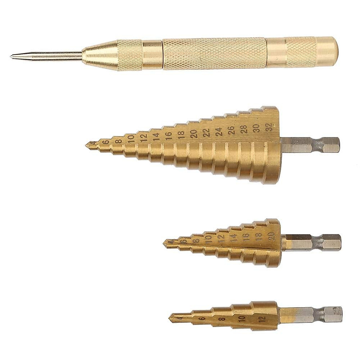 Drill Bits with Automatic Punch, 3pcs Step Drill Bits 4-12/4-20/4-32 with Hexagonal Handle, High Speed Steel and, Good Wear Resistance