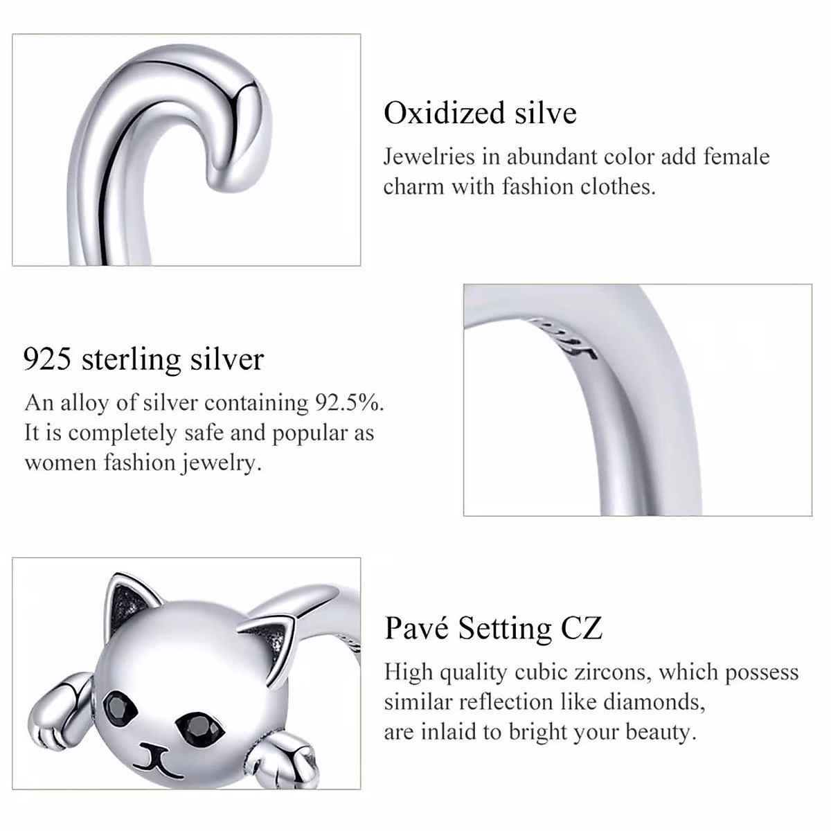 Qings Lovely Cat Adjustable Ring 925 Sterling Cubic Zirconia Animal Ring Silver Simple Cute Pet Kitty Wrap Stackable Statement Wedding Engagement Finger Rings Fashion Jewelry Gifts for Women