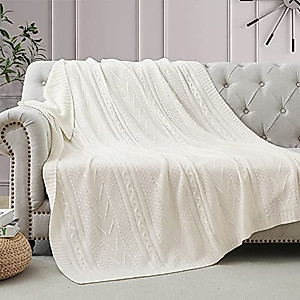 Eychei Ivory White Knitted Throw Blanket,Lightweight Decorative Knitted Blanket,Warm and Soft Throw Blanket for Sofa Couch Bed Chair 50"x60"