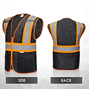 SULWZM High Visibility Reflective Safety Vest with Zipper and Pockets Black,XXL