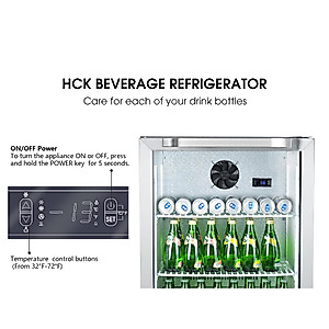 HCK 24 inch Freestanding/Built-in Beverage Cooler Refrigerator with 5.12 cu. ft. 161 cans Capacity, Undercounter refrigerators Reversible Glass Door and Stainless Steel Body for Soda Beer and Wine