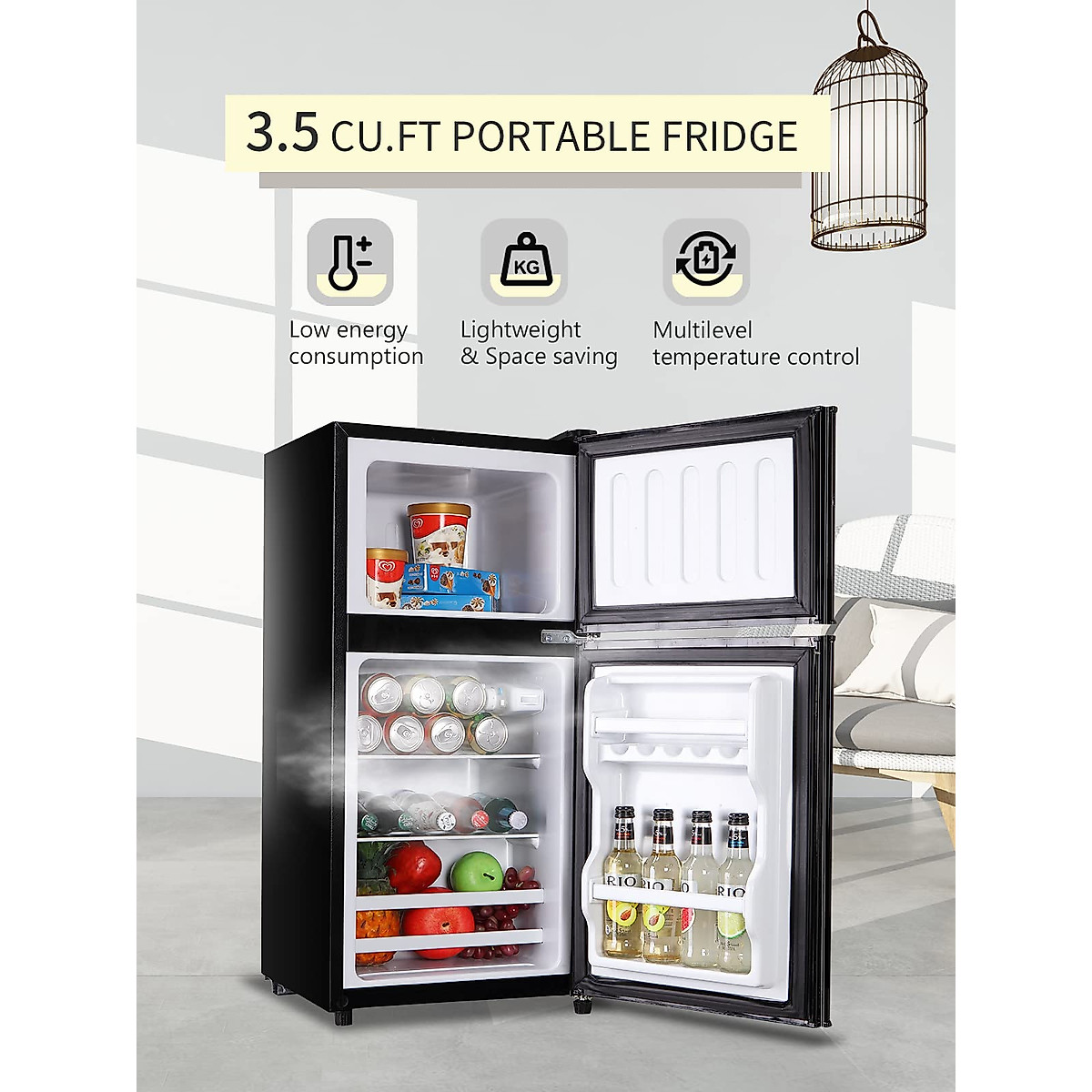 KRIB BLING 3.5 Cu.Ft Compact Refrigerator with Freezer, Retro Fridge, Mini Fridge with Two Door Design, 7 Level Adjustable Thermostat for Dorm, Office, Bedroom, Apartment, Black