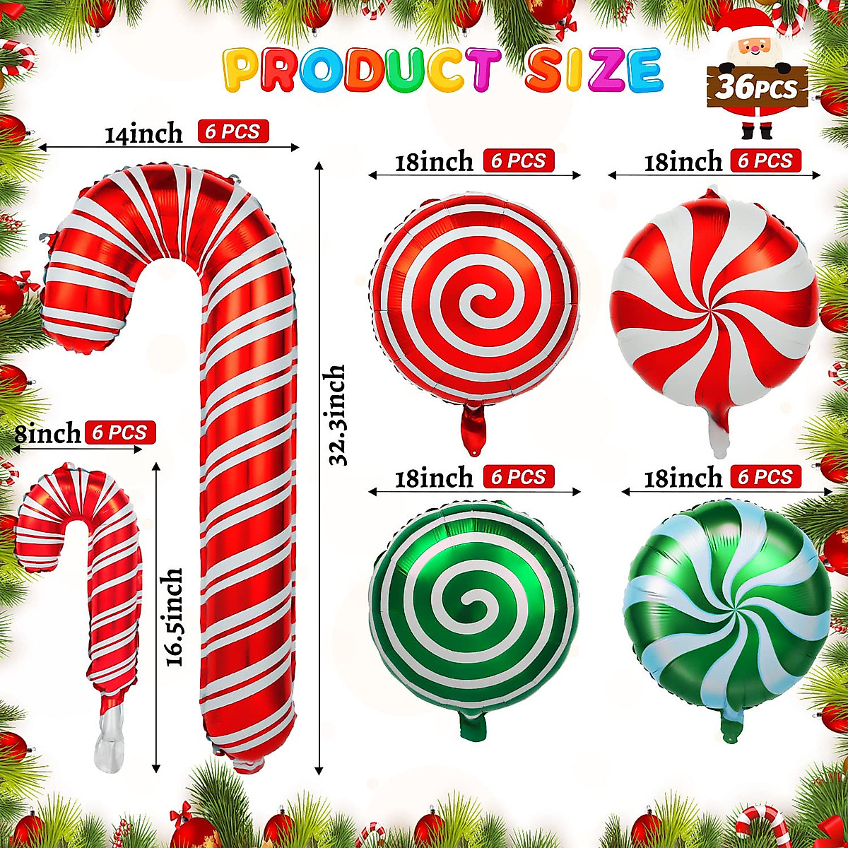 36 Pcs Christmas Candy Balloons Kit, Large Cane Swirl Candy Foil Balloons with 2 Pcs Ribbons, Red Green Mylar Sweet Candies Theme Balloons