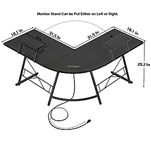 Ecoprsio L-Shaped Desk, Corner Desk with Outlets and USB Ports, Large L Computer Desk with Reversible Monitor Stand, 51 Inch L Shaped Gaming Desk for Gaming Room, Home Office, Workstation, Black