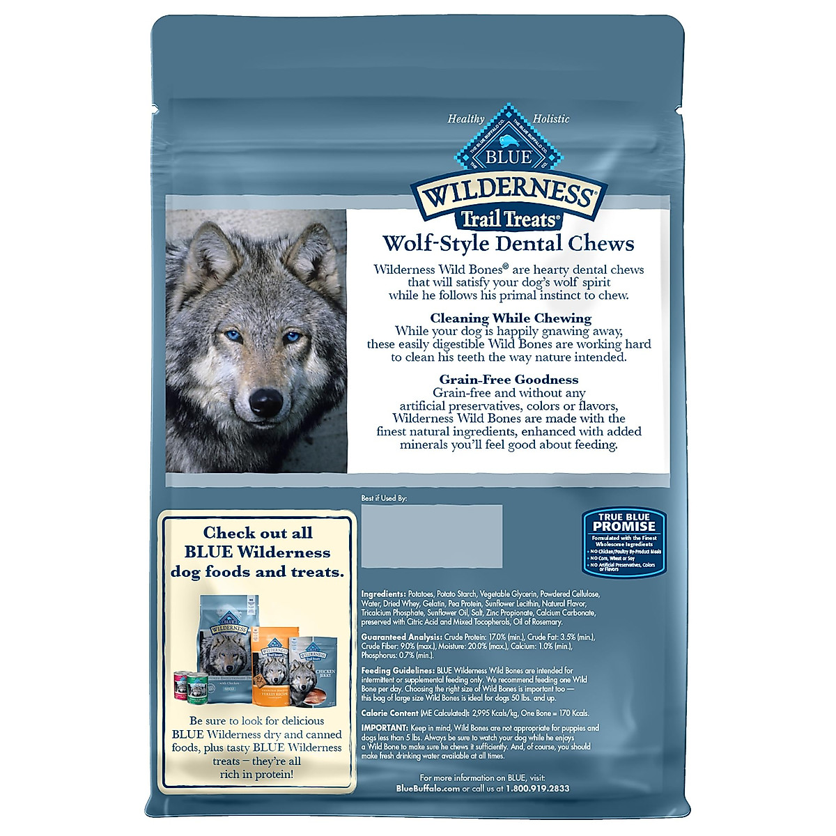 Blue Buffalo Wilderness Wild Bones Grain-Free Dental Chews Dog Treats, Large, 27-oz Bag