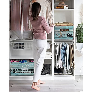 Summer Beach Crab Storage Basket Waterproof Cube Storage Bin Organizer with Handles, Anchor Nautical Sand and Surf Teal Wooden Collapsible Storage Cubes Bins for Clothes Books Toys 15"x11"x9.5"